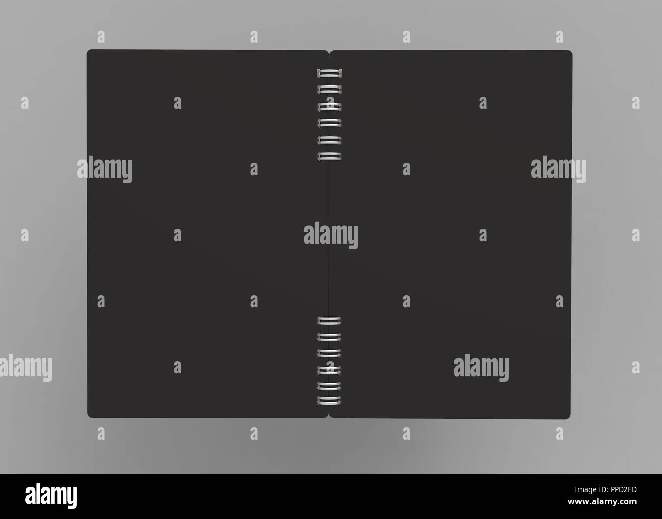 Black open hard cover book in 3d rendering on grey background, back ...