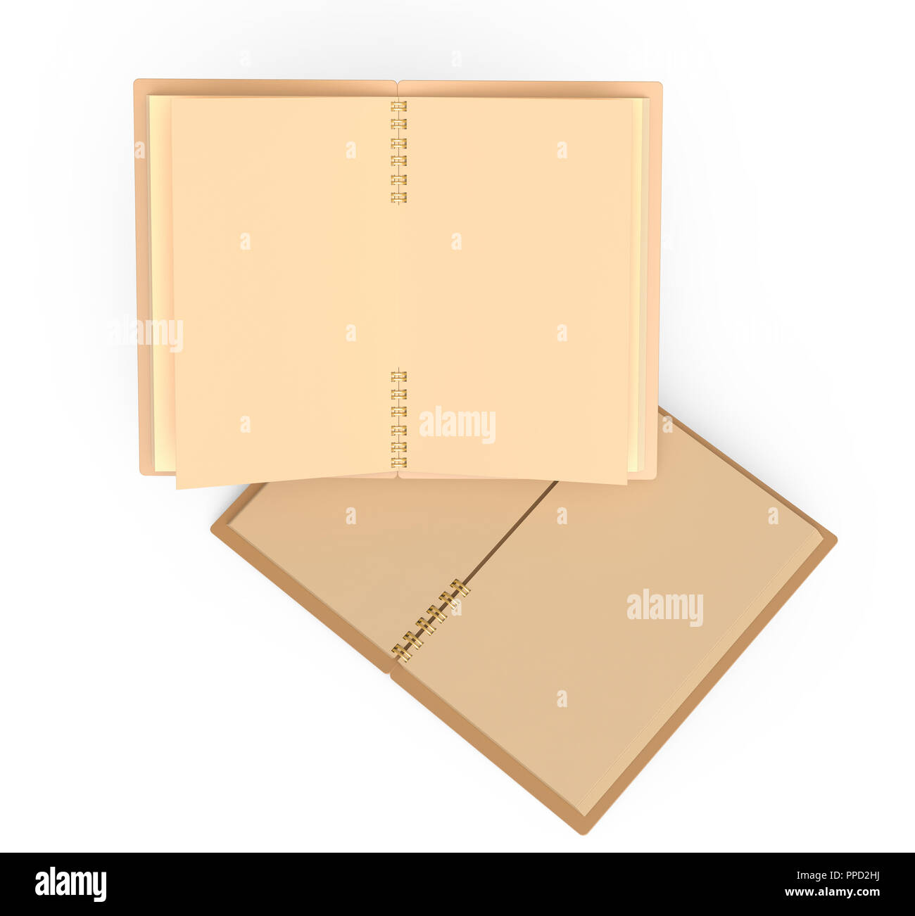 Open kraft paper notebooks mockup set floating in the air in 3d ...