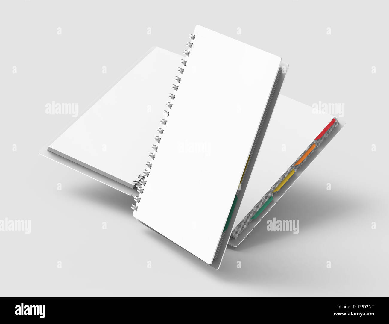 Floating white open hard cover books with colorful tags in 3d rendering ...