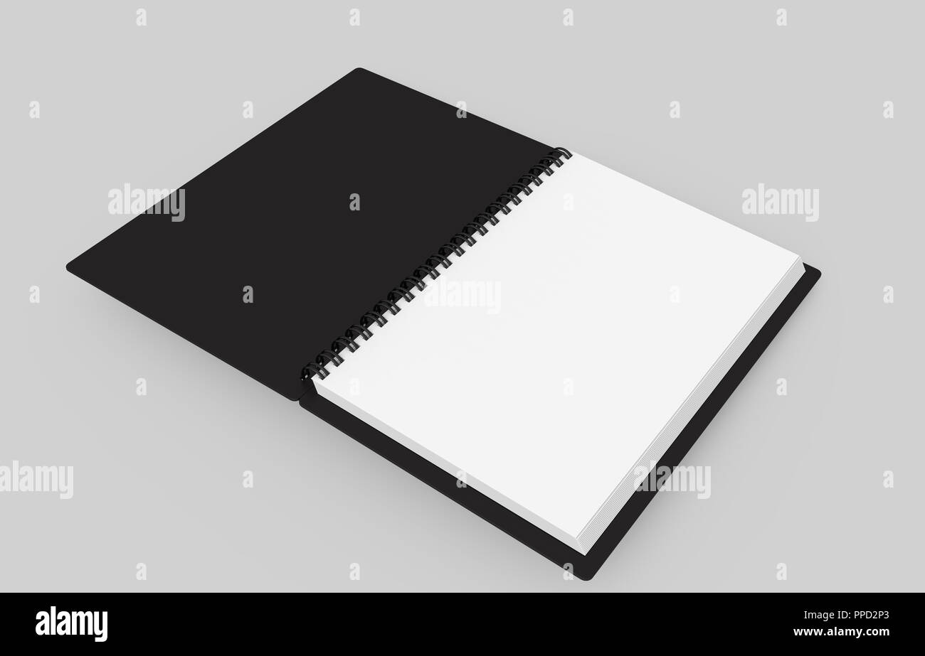 Black open hard cover book in 3d rendering on grey background, elevated ...