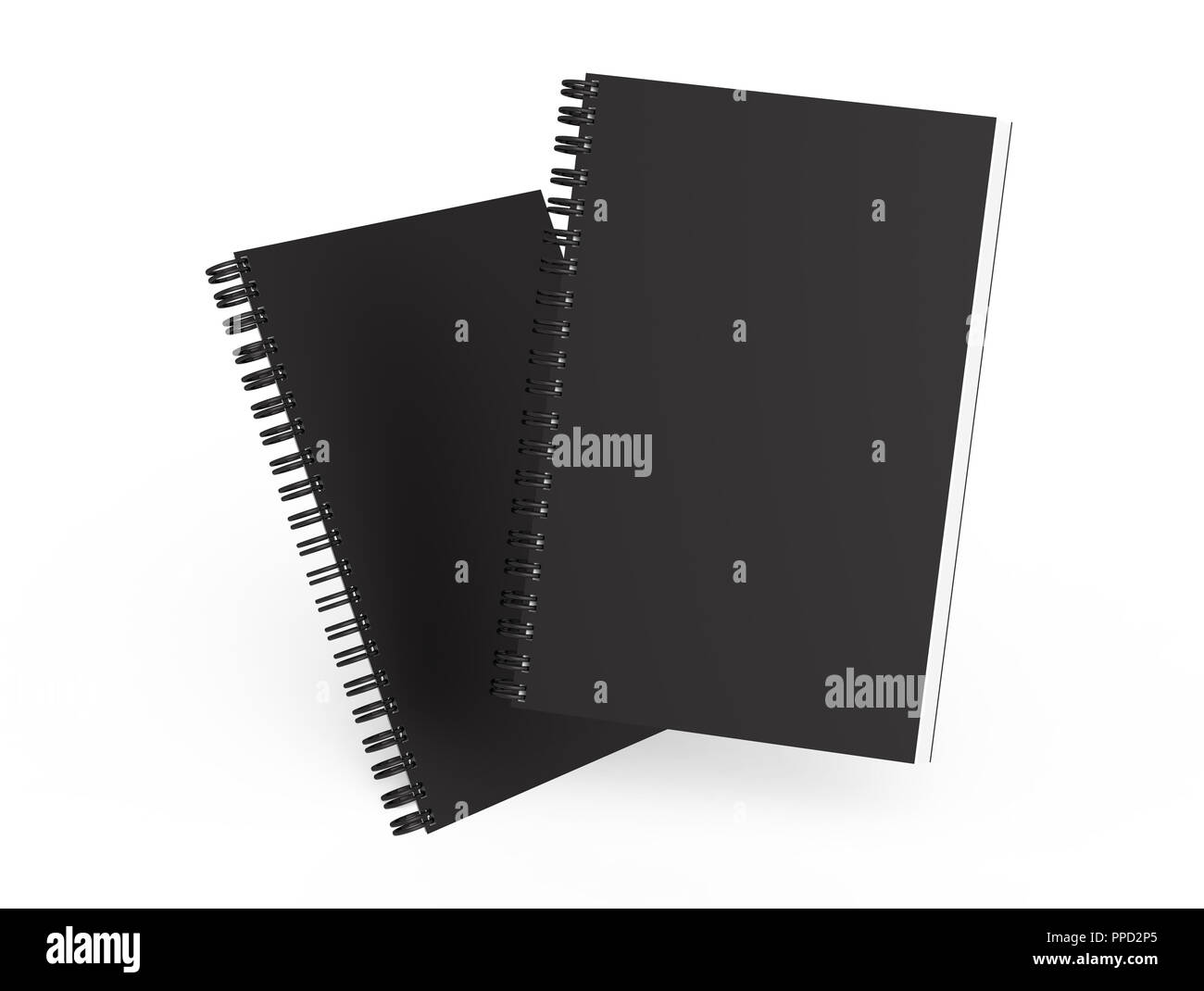 Black hard cover books floating in the air in 3d rendering on white ...