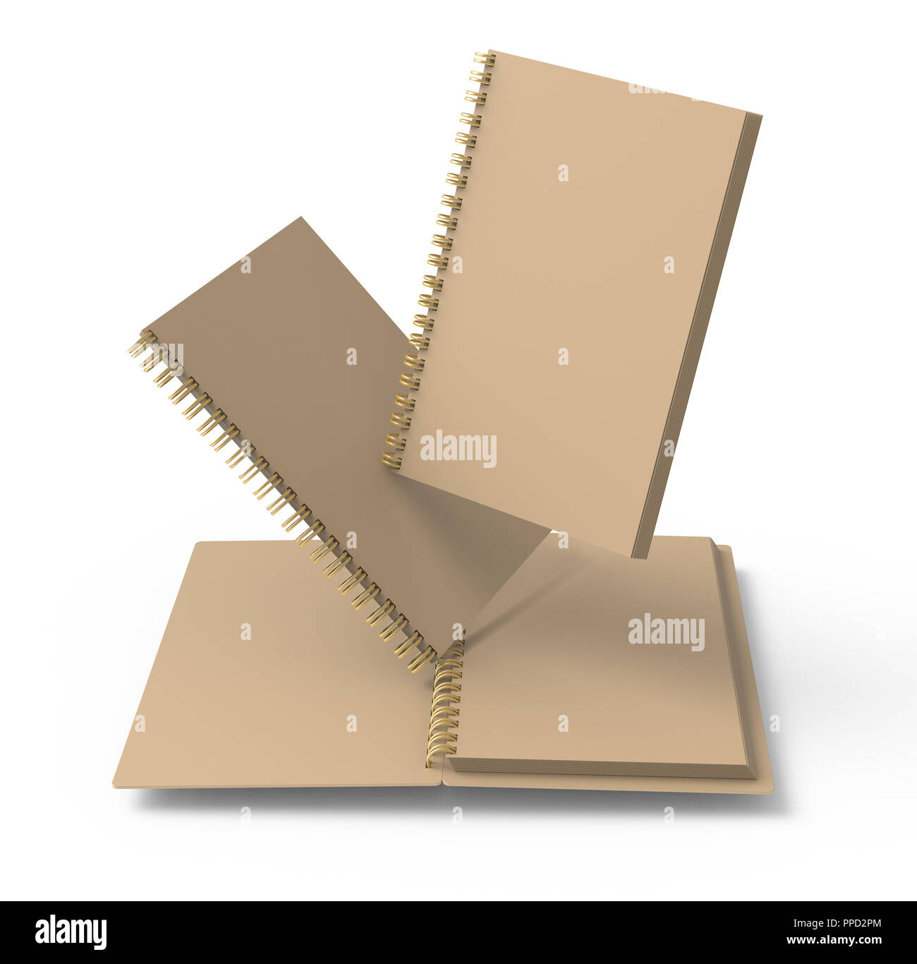 Open kraft paper notebook mockup with others floating in the air, 3d ...