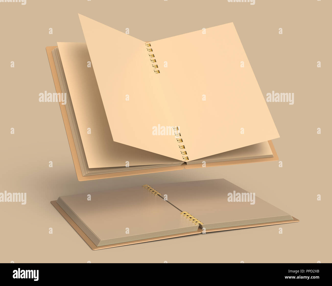 Open kraft paper notebooks mockup set floating in the air in 3d ...