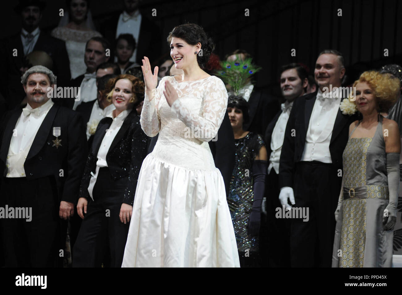 Singer Anja Harteros takes the audience's applause at the premiere of ...