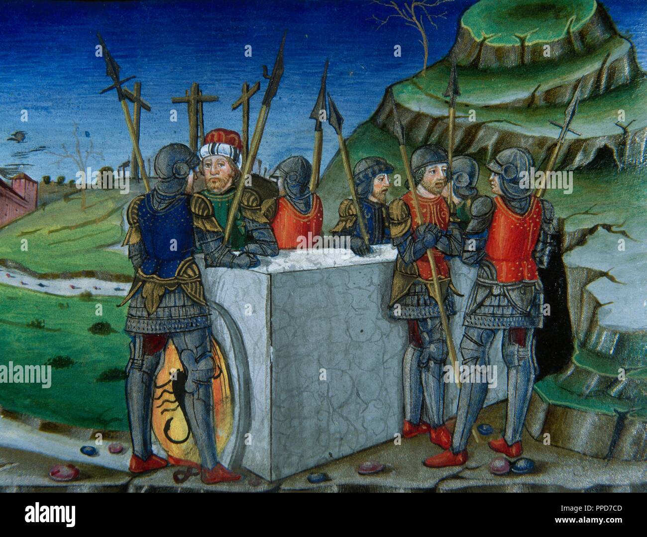 El sepulcro de Jesús custodiado por los soldados. Página miniada del ...