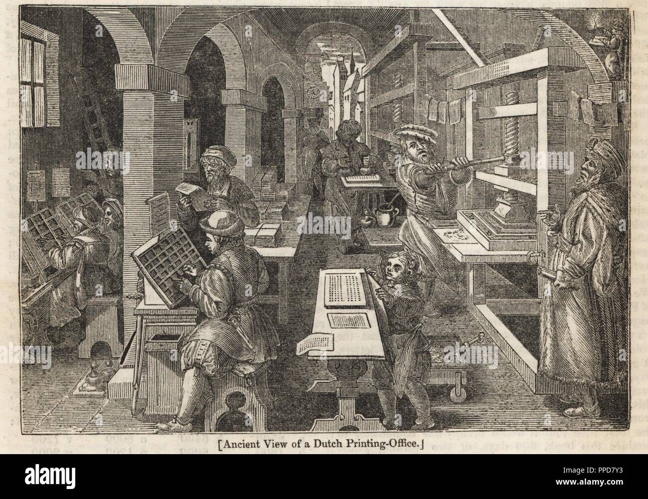 Ancient view of a Dutch printing office. A master printer directs ...