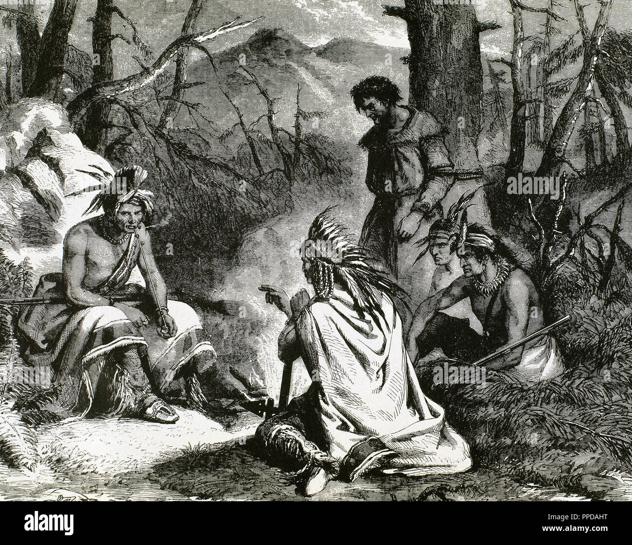 Indians deciding the fate of the prisoner. Engraving by Felix O.C ...