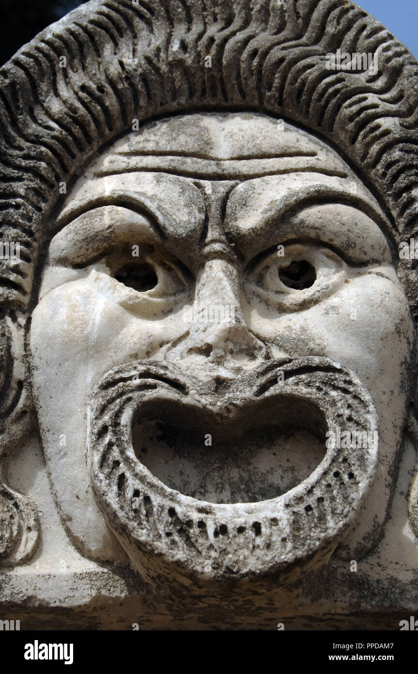 Ostia Antica. Roman theatrical mask on the stage of the Theatre. Marble ...