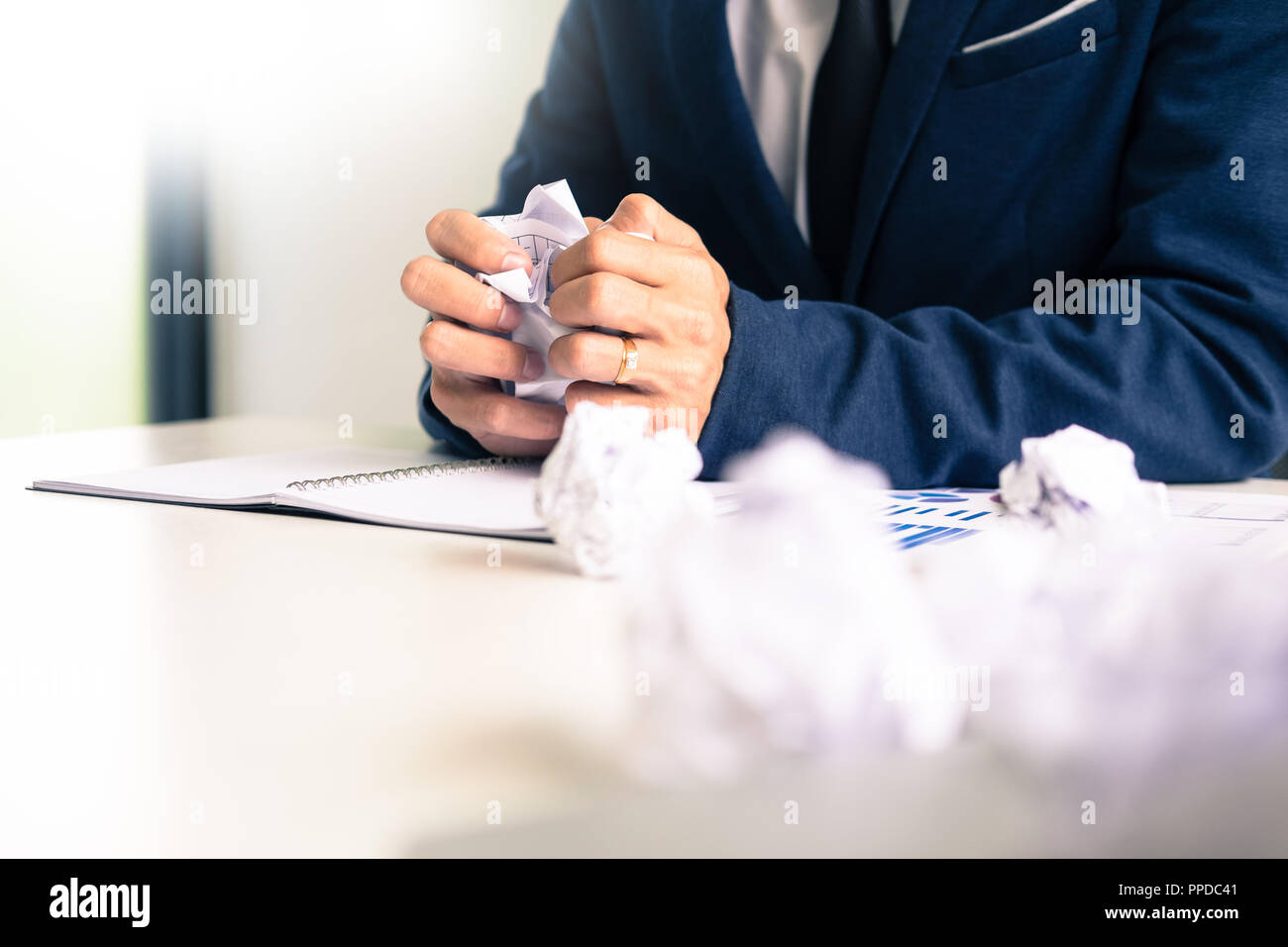 Depressed failure and tired businessman late sad and solving problem in ...