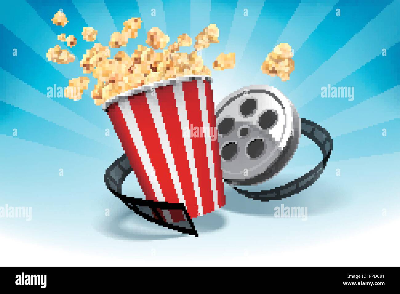 Popcorn with film roll elements in 3d illustration, striped ...