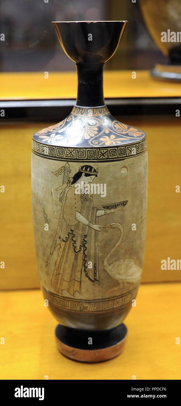Greek art. White-ground lekythos: Artemis with a swan. Athens. Ca. 490 ...