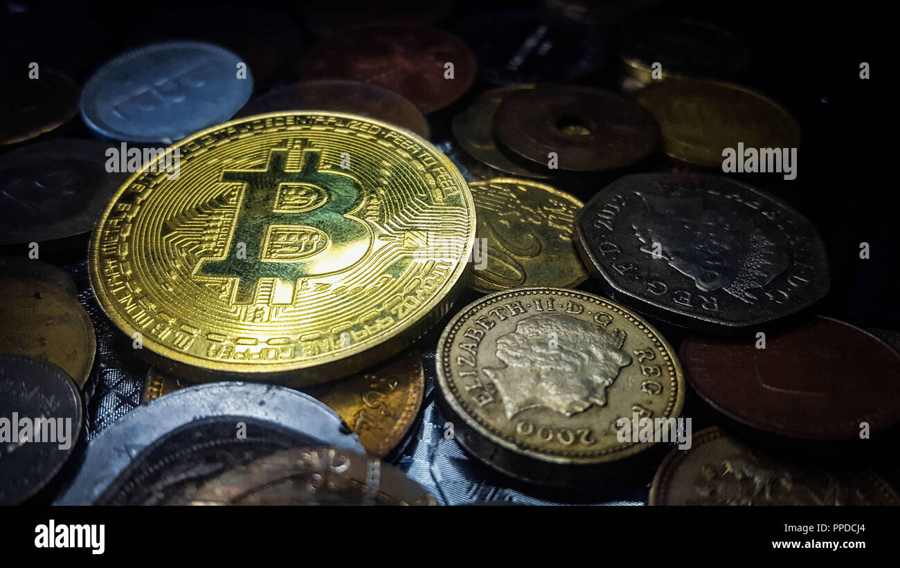 Bitcoin. Physical bit coin. Digital currency. Cryptocurrency. Golden ...