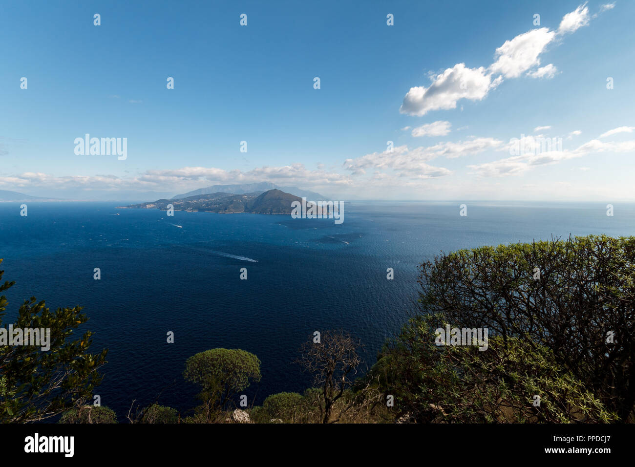 Beautiful aerial view of Napoli gulf from Capri island, with boat ...