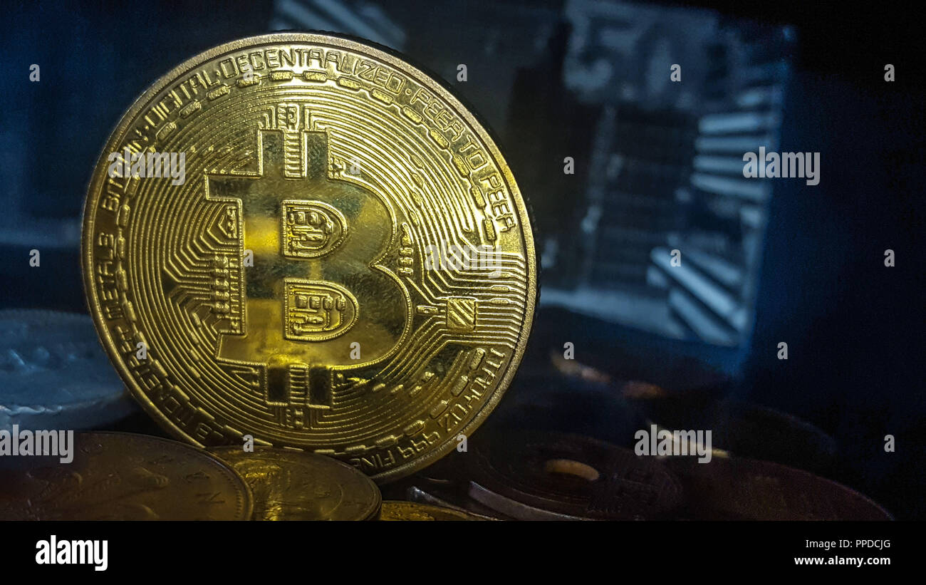 Bitcoin. Physical bit coin. Digital currency. Cryptocurrency. Golden ...