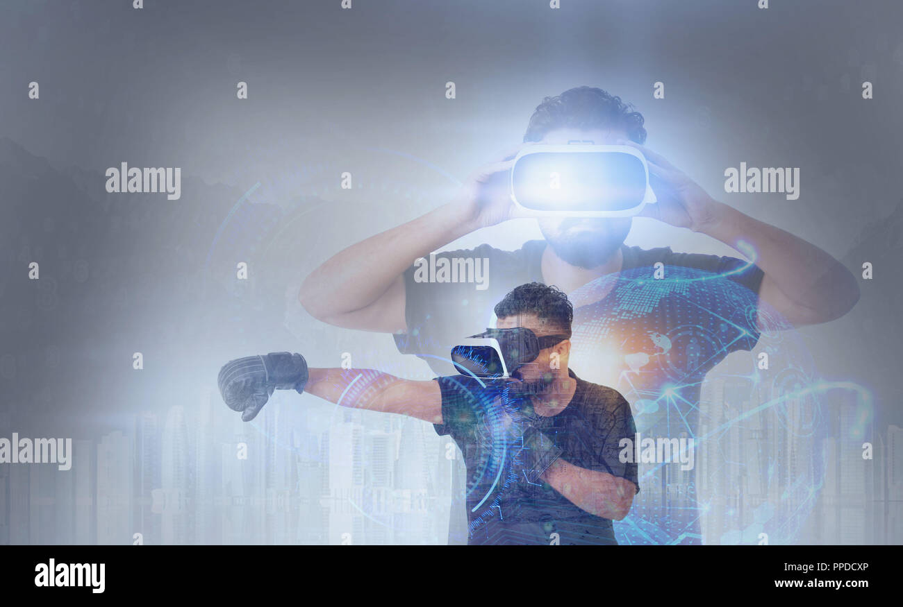 Guy looking through VR (Virtual Reality) glasses - Looking into the ...