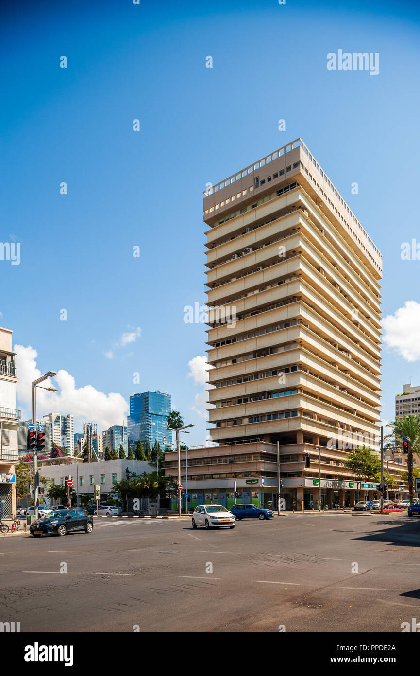 Israel, Tel Aviv - 08 September 2018: Yachin-Hakal building, corner of ...