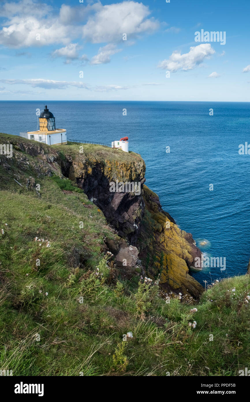 The lighthouse and foghorn at St Abbs Head, a rocky promontory near St Abbs, Berwickshire ...