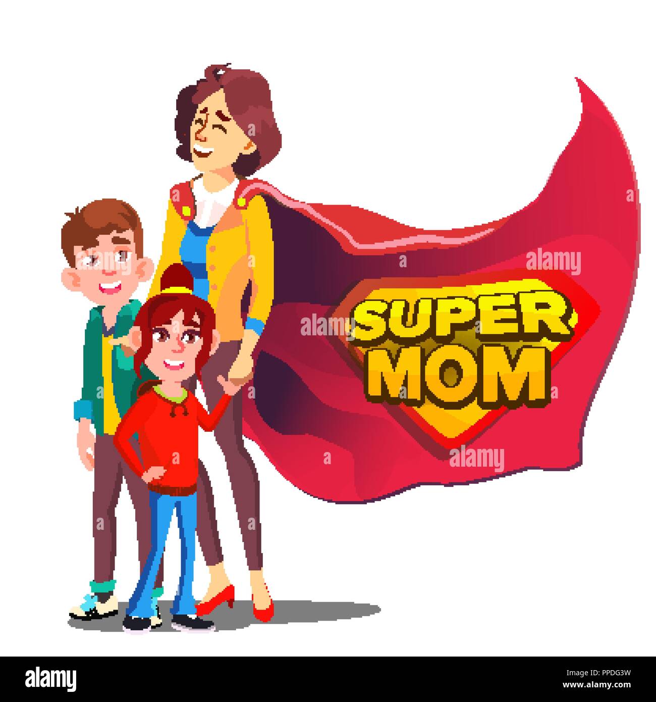 Super Mom Vector. Mother Like Super Hero With Children. Isolated Flat ...