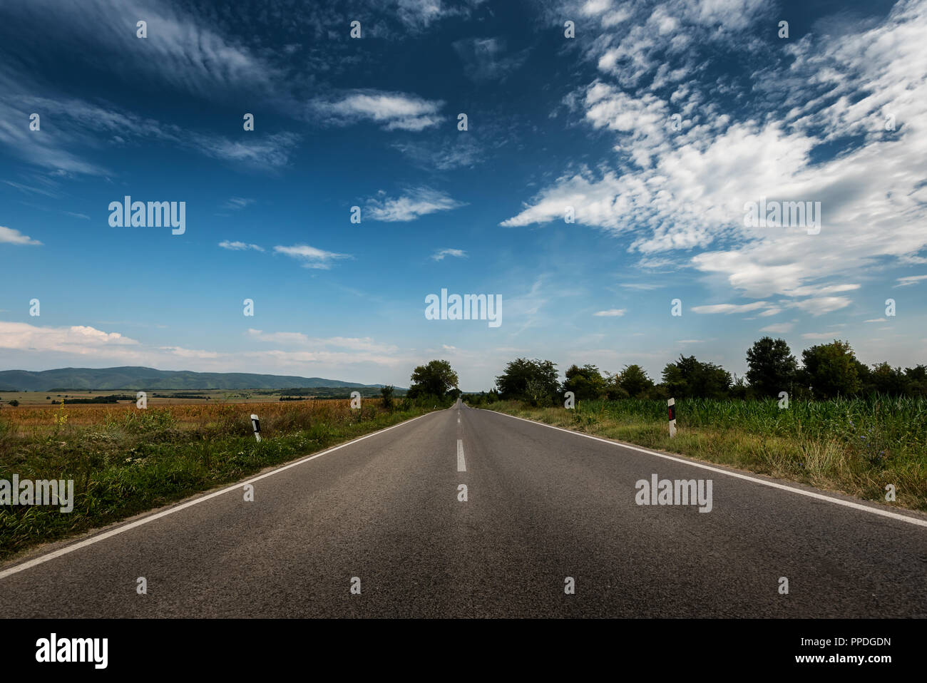 Low Angle of a straight Asphalt Road through pastoral landscape Stock ...