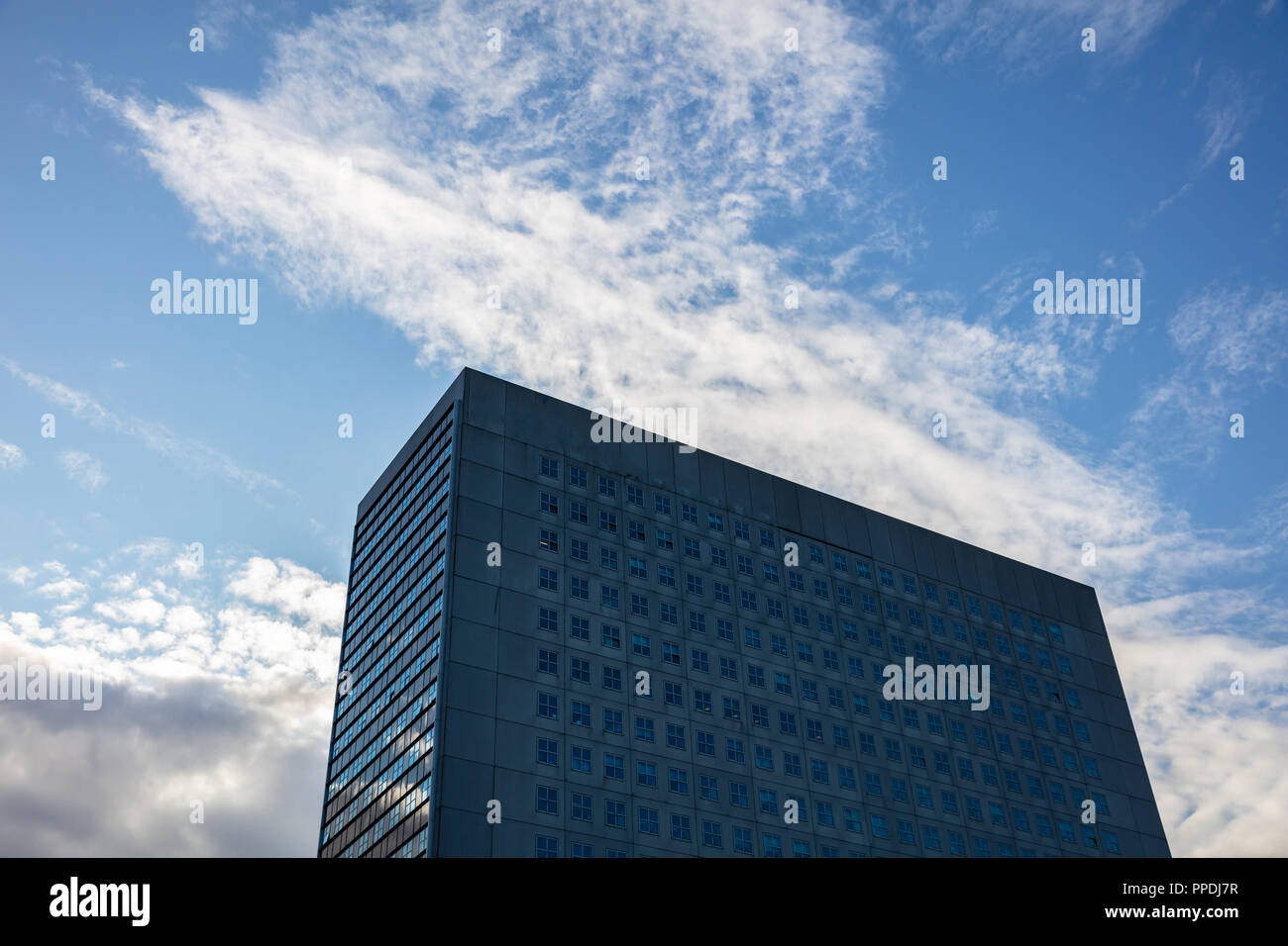 Rotterdam, Netherlands. Low angle building against blue sky, background ...