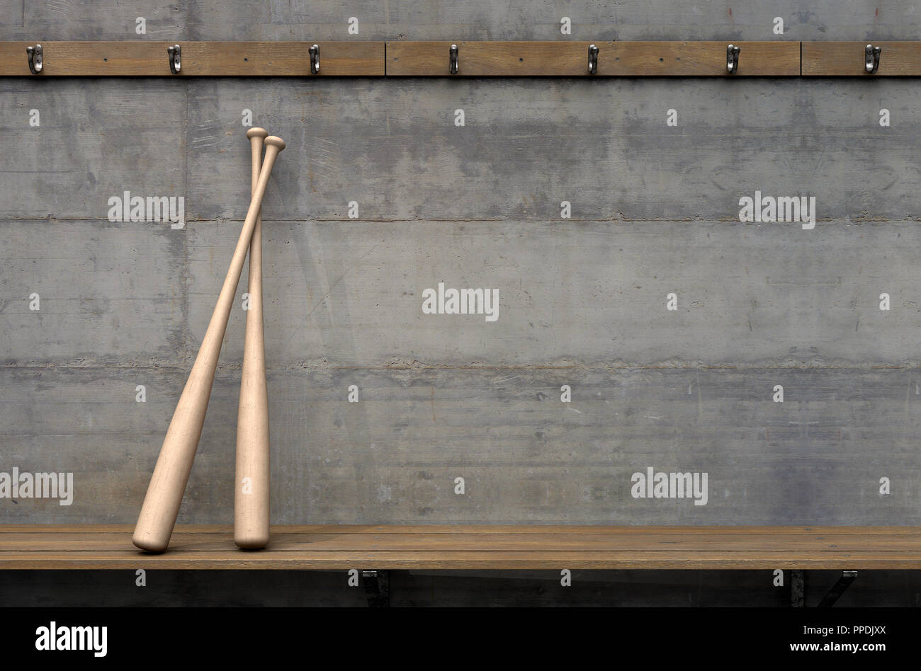 Two baseball bats on a wooden bench in a rundown sports locker change ...