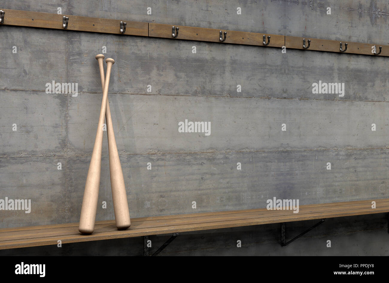 Two baseball bats on a wooden bench in a rundown sports locker change ...