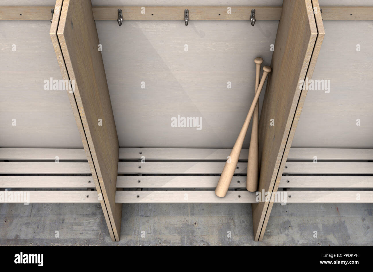 Two baseball bats in a wooden cubicle with a bench and hangers in a ...