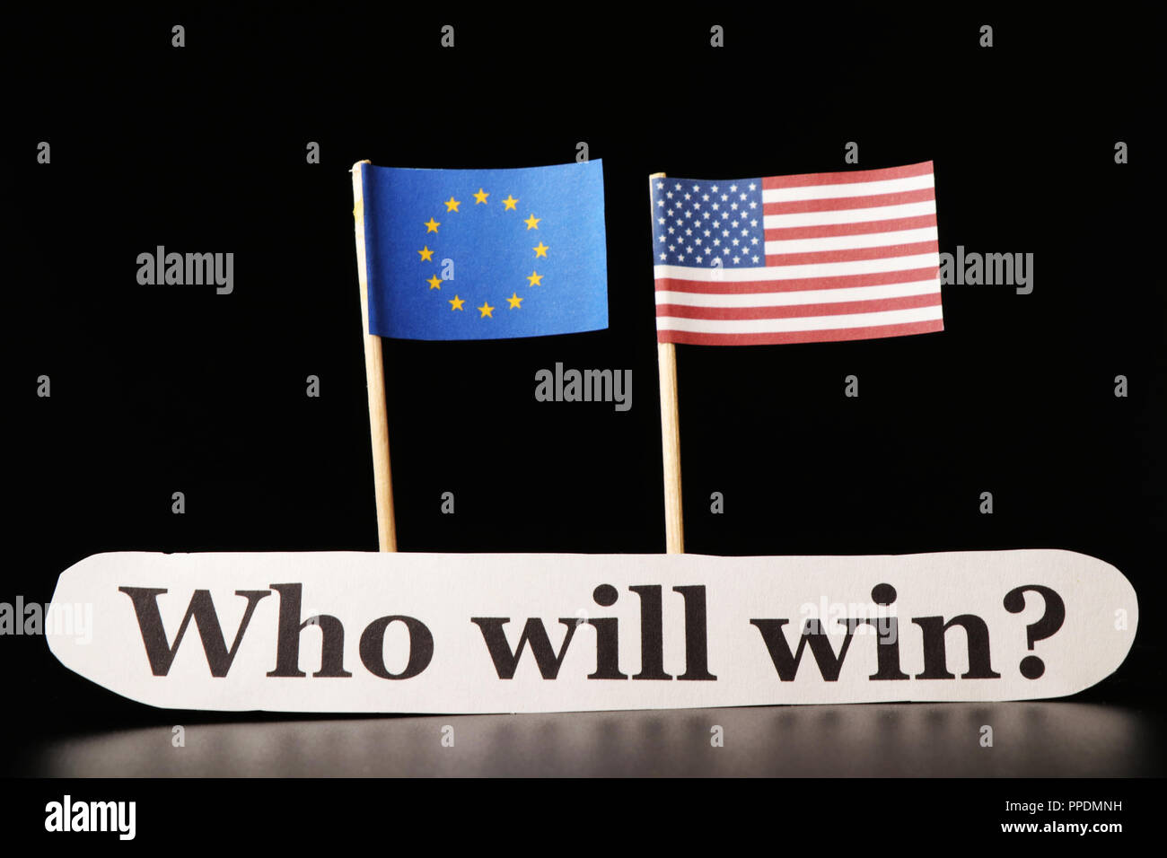 A national flag of USA and european flag and writing Who will win ...