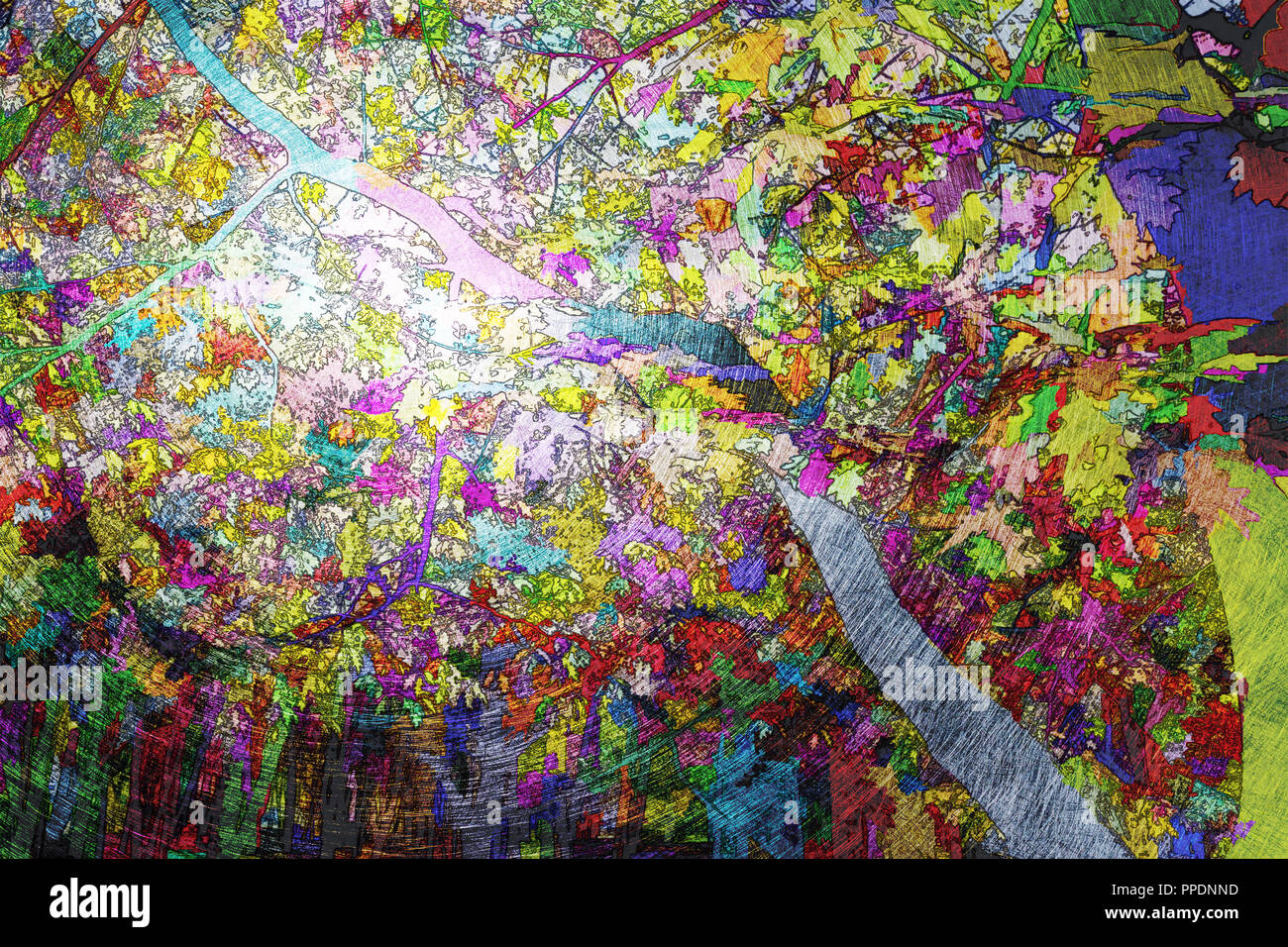 autumn trees on scratched metal surface. abstract multiple exposure ...