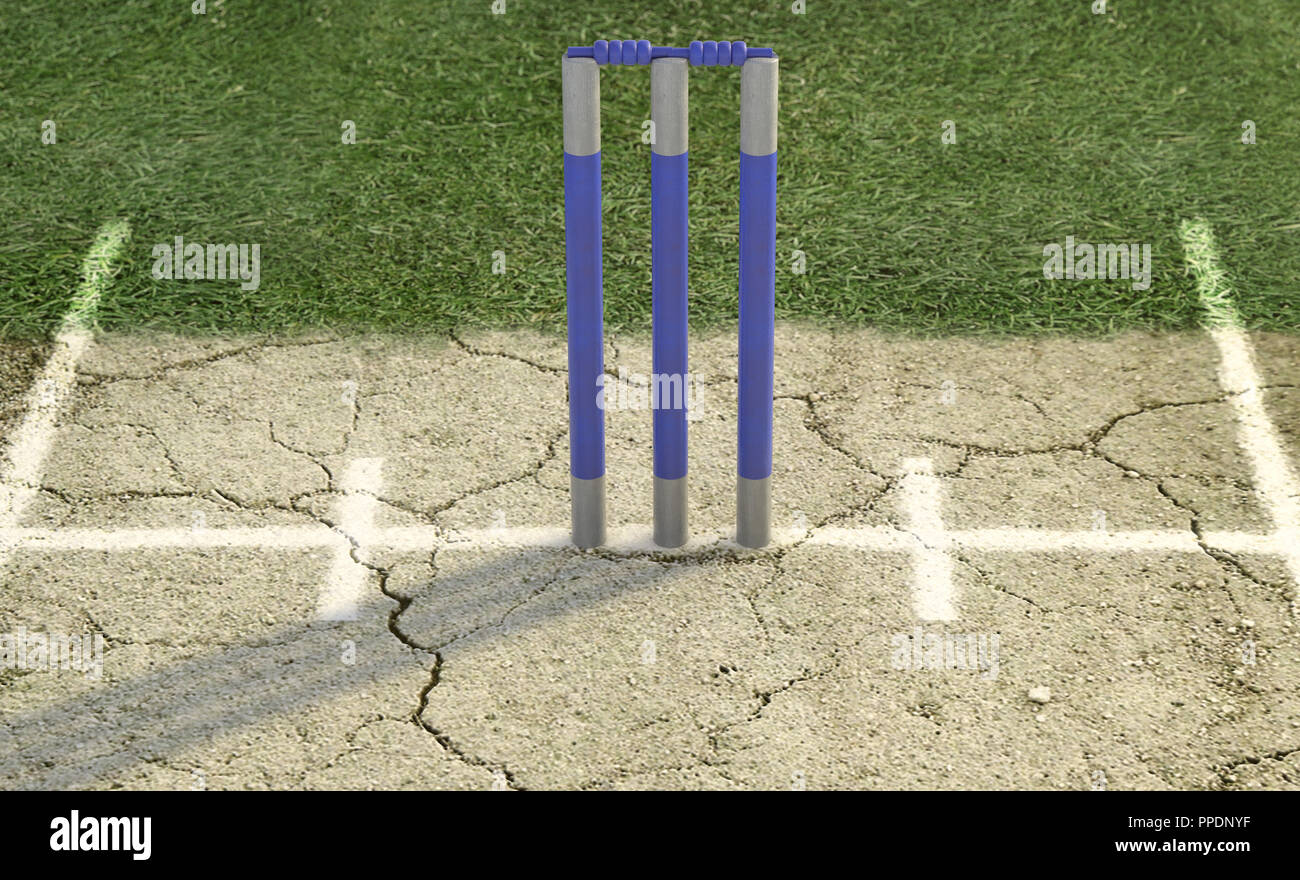 A set of blue cricket wickets on a cracked grass pitch background - 3D ...