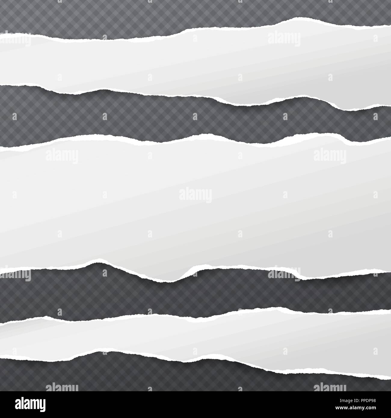 White horizontal ripped strips, note paper for text or message on ...