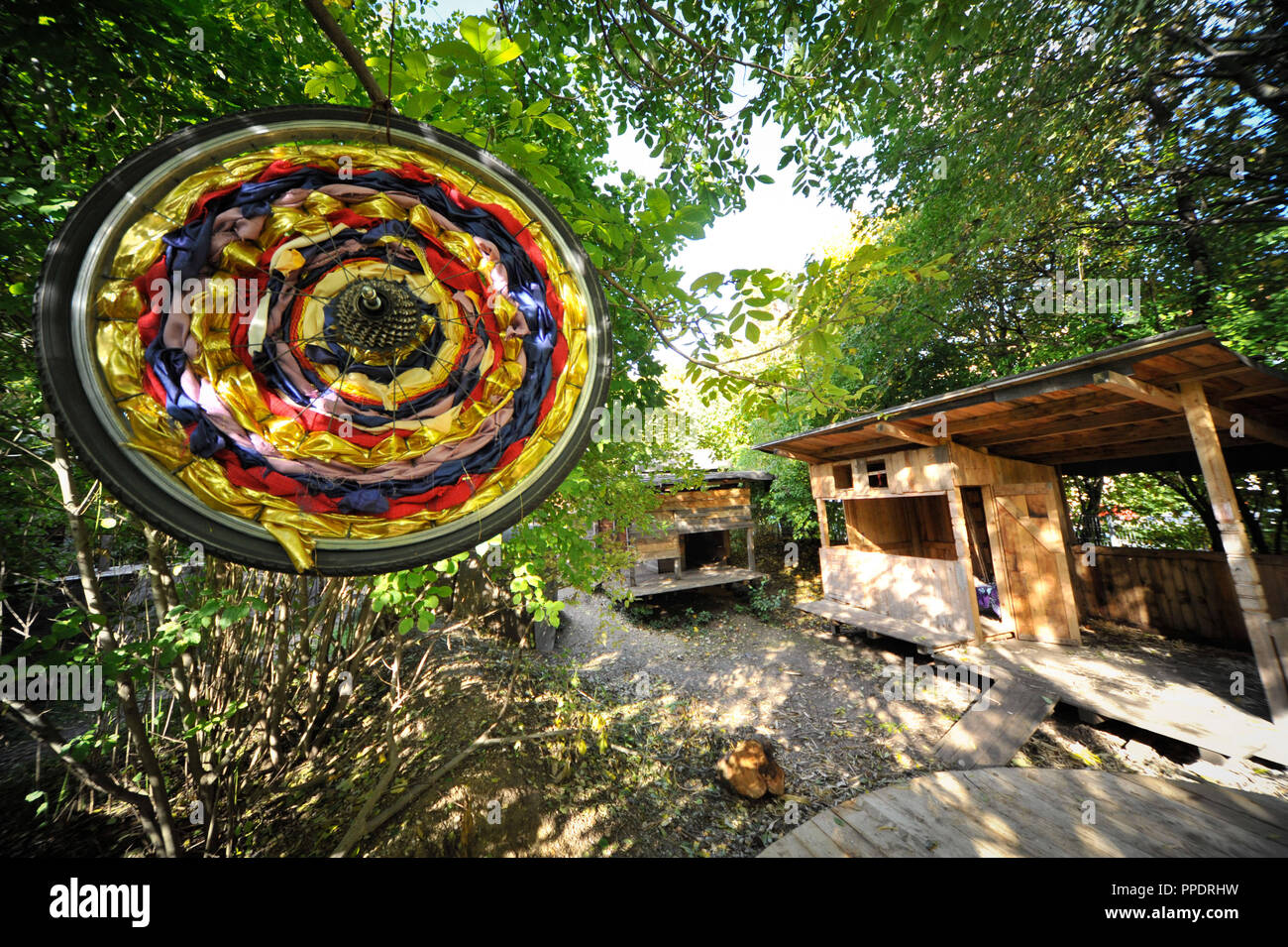 Wooden house on the adventure playground at the Schuttberg (rubble ...