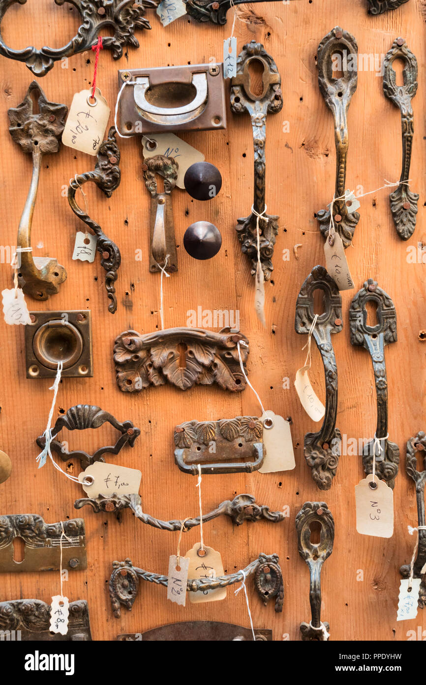 Shop window display of various Venetian decorative metal handles Stock ...