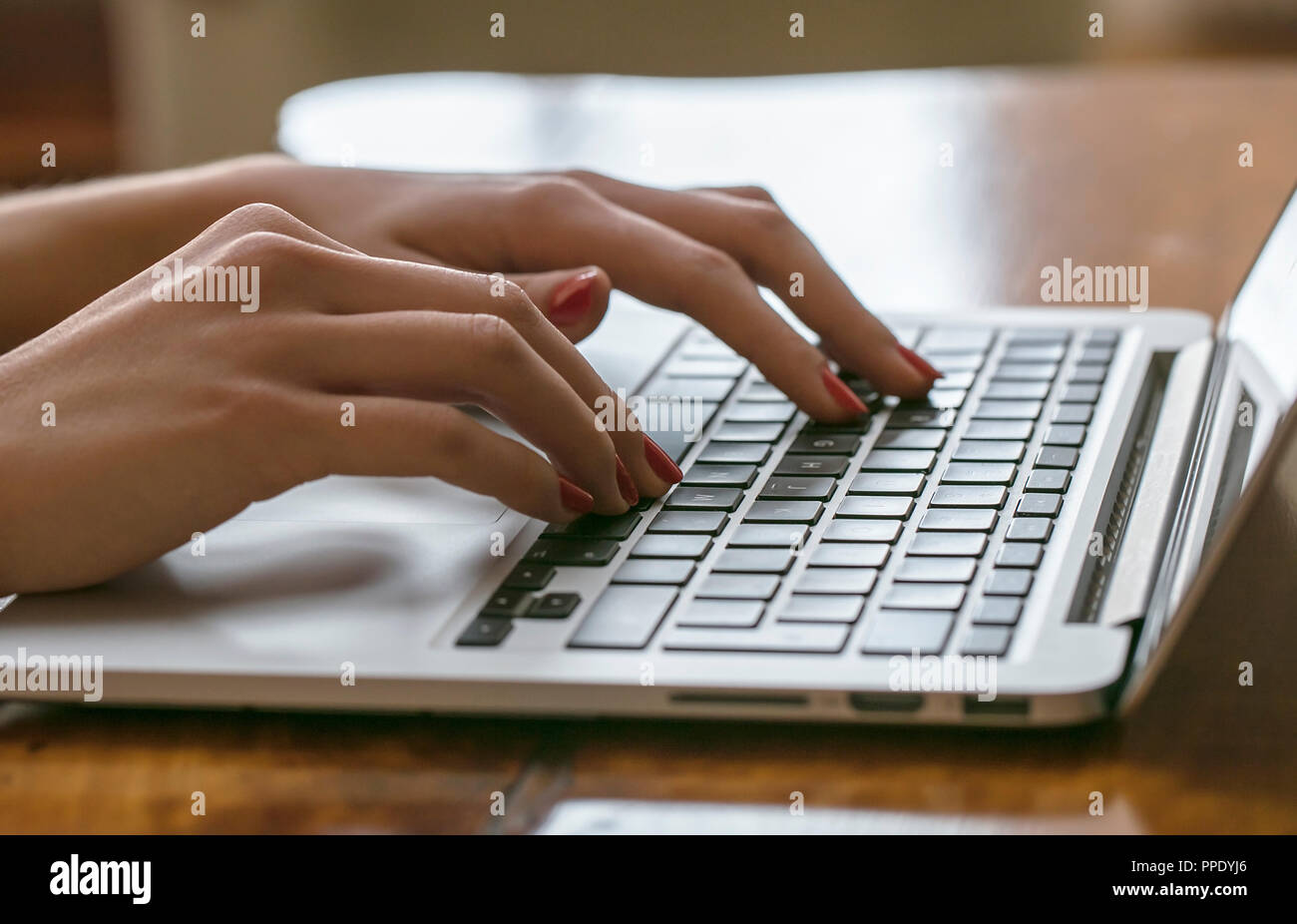 A woman's hands rest on a laptop creating and writing something or ...