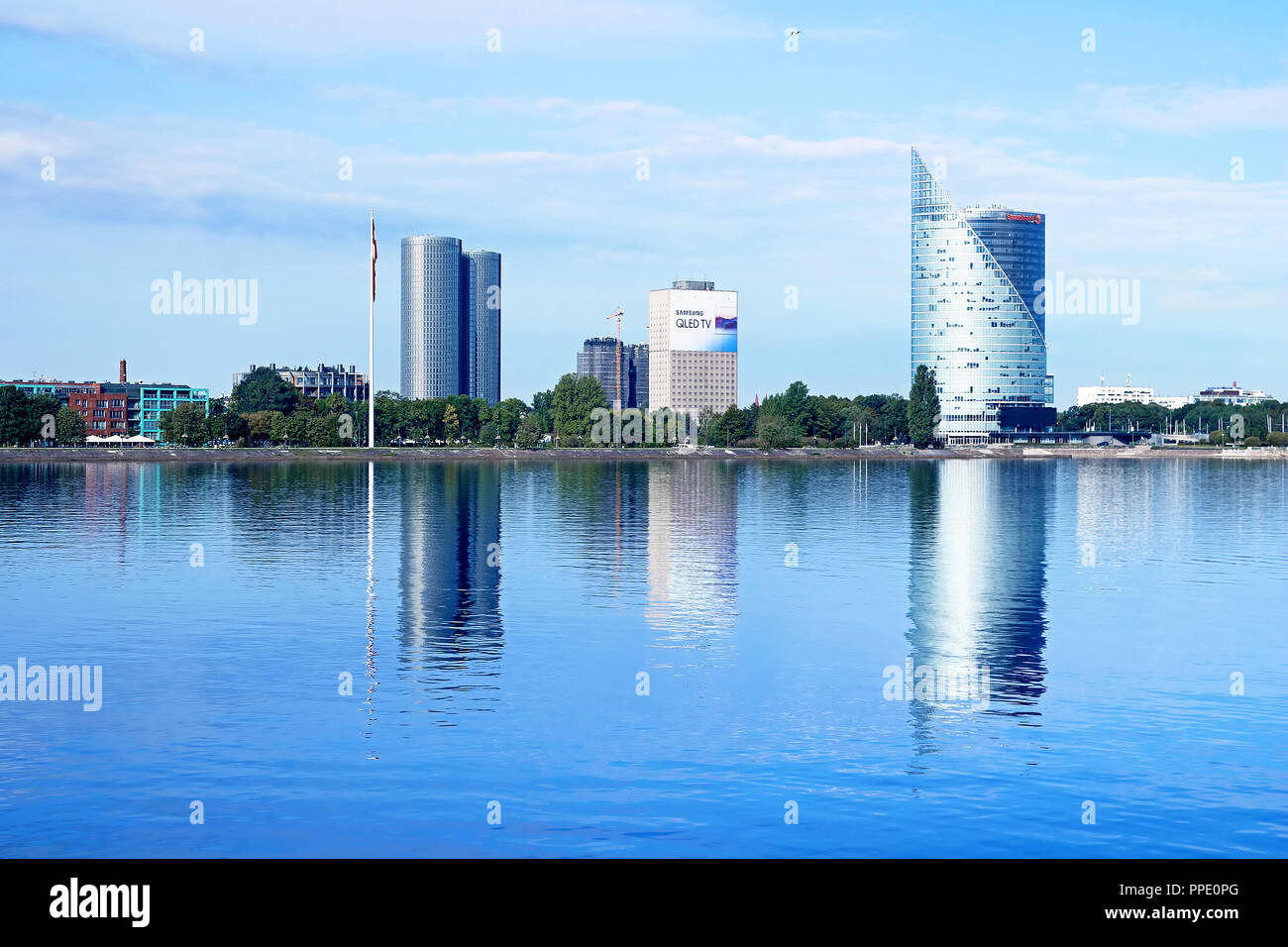 RIGA, LATVIA - AUGUST 29, 2018: Skyline view of left bank, Kipsala ...