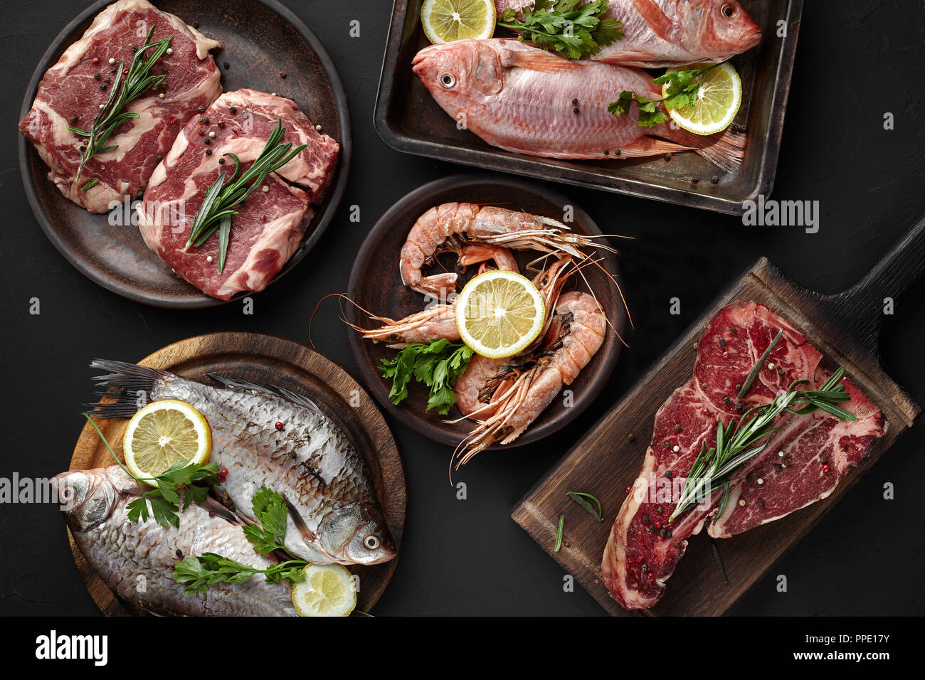Assortment of fish, meat, beef steak and shrimp. Healthy protein source ...
