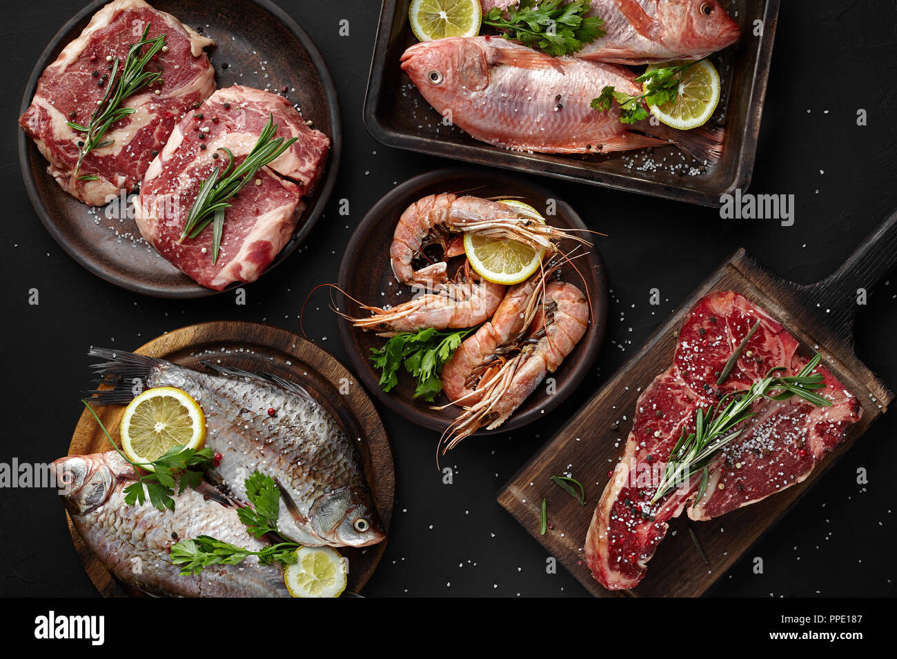 Assortment of fish, meat, beef steak and shrimp. Healthy protein source ...
