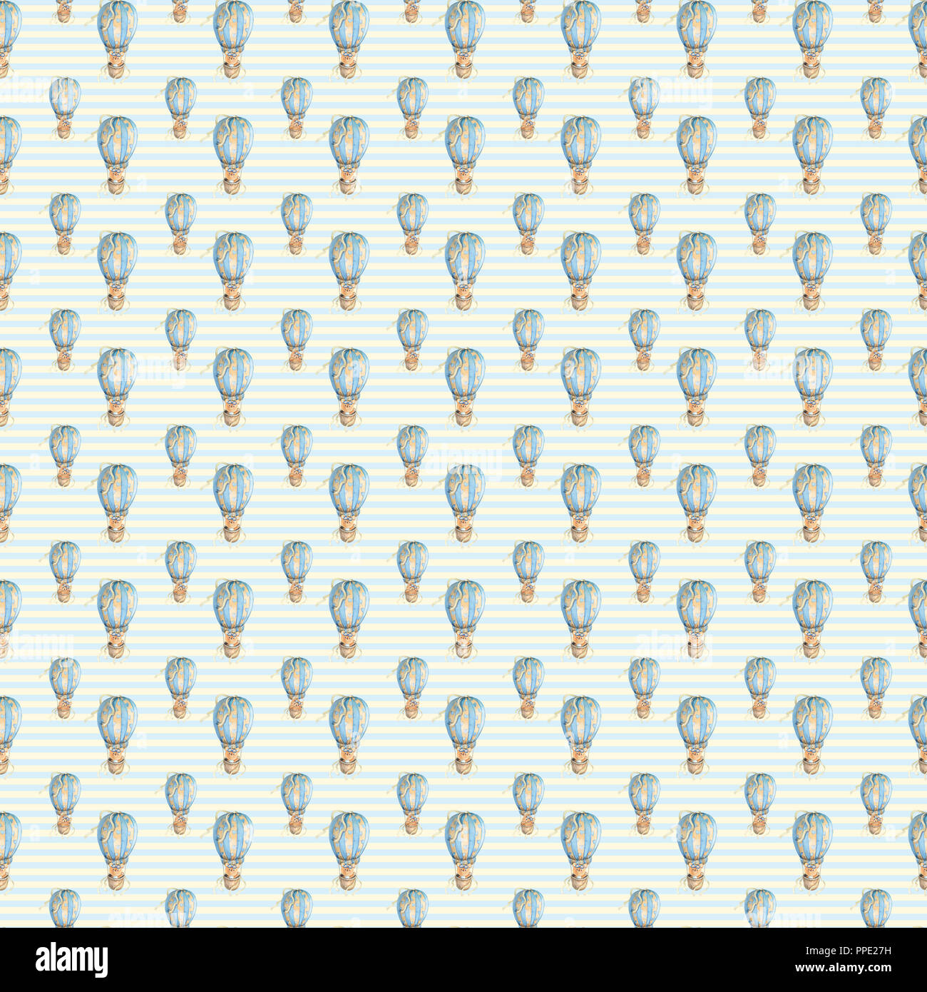 Seamless pattern with watercolor cute bear flying in a hot air balloon ...