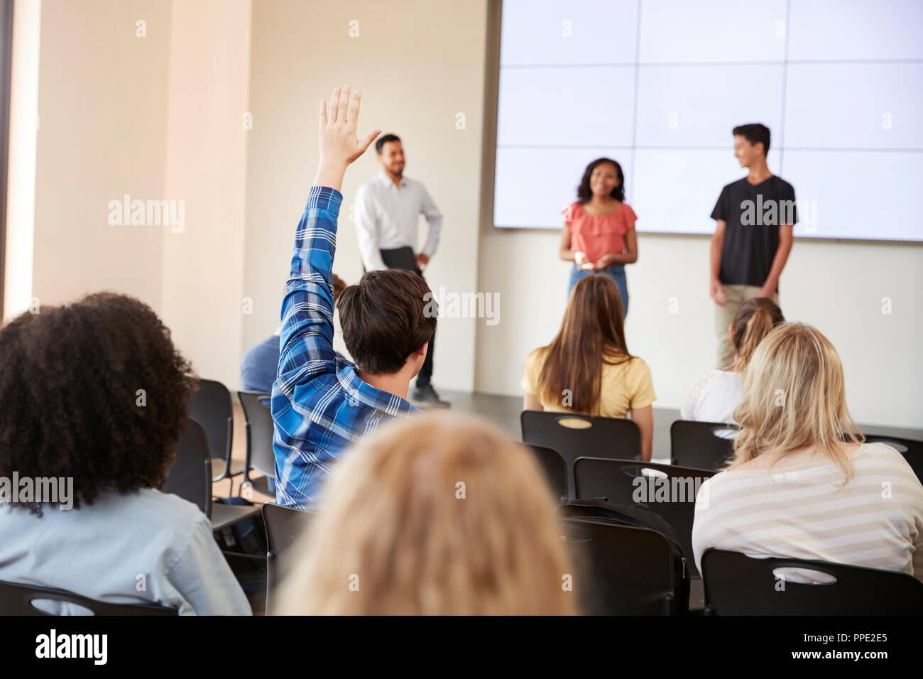 Pupil Asking Question During Presentation By High School Students Stock ...