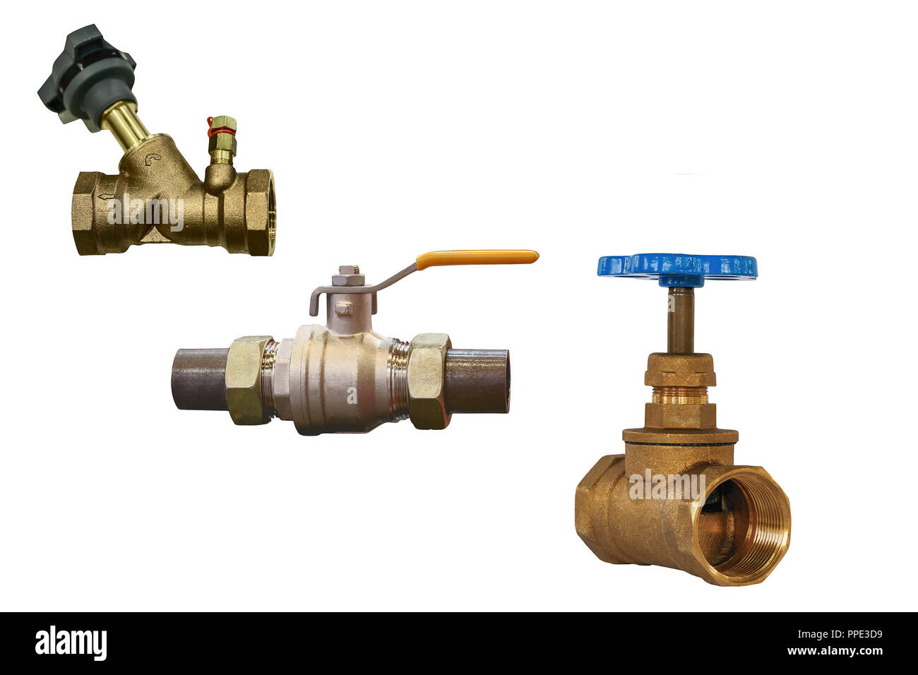A group of modern industrial valves for various purposes close-up Stock ...