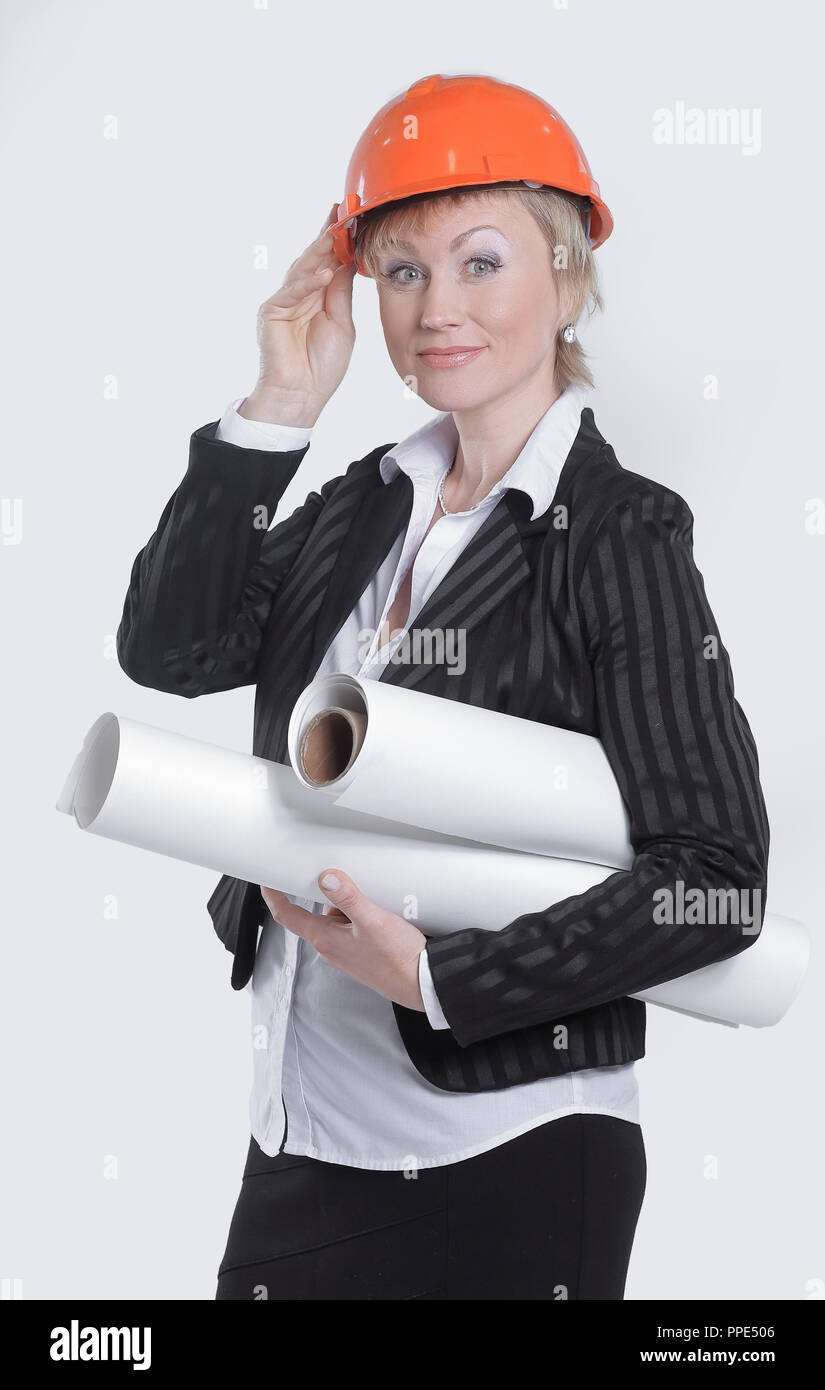 portrait of a female architect with blueprints Stock Photo - Alamy