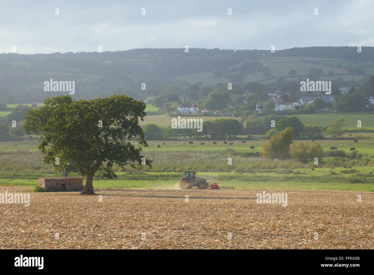 Tractor on the agricultural field in Axe Valley in East Devon Stock ...