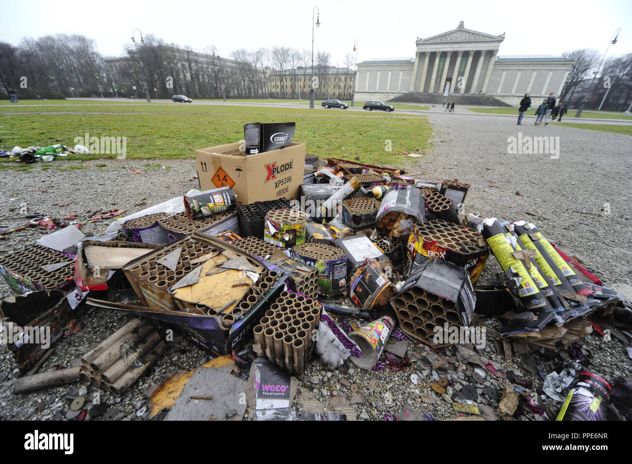 Waste of exploded fireworks on the Koenigsplatz in Munich after New ...