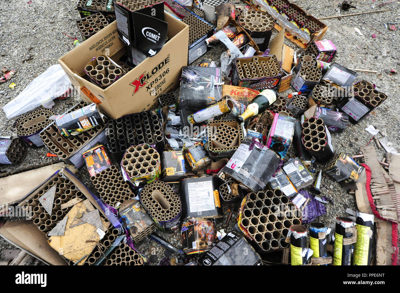 Waste of exploded fireworks on the Koenigsplatz in Munich after New ...