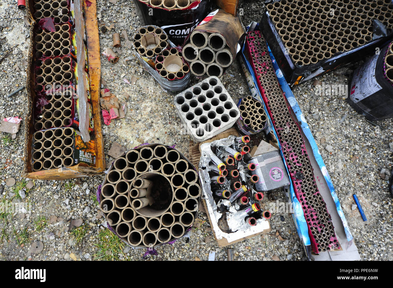 Waste of exploded fireworks on the Koenigsplatz in Munich after New ...