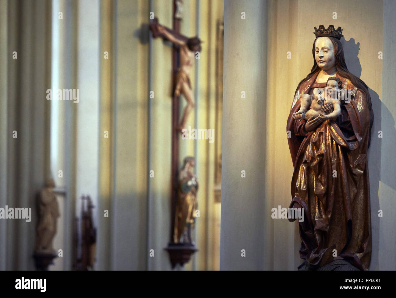 The renovated neo-gothic Heilig-Kreuz-Kirche (Church of the Holy Cross) in Giesing. Interior ...