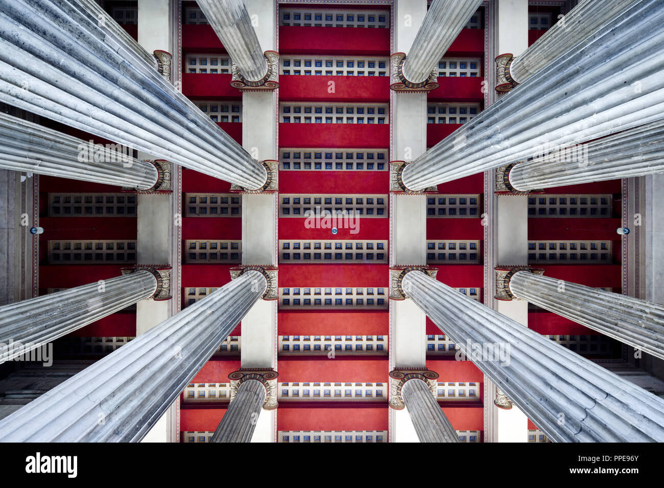 Portico with fluted Ionic columns and coffered ceiling in the interior ...