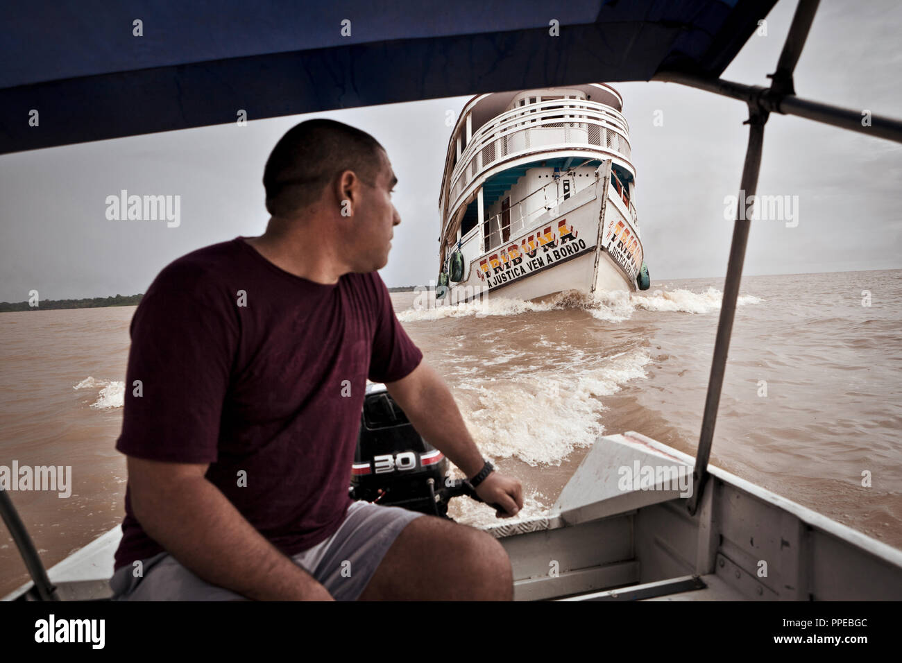 The court ship "Tribuna" at full speed in the Amazonas Delta Brazil ...