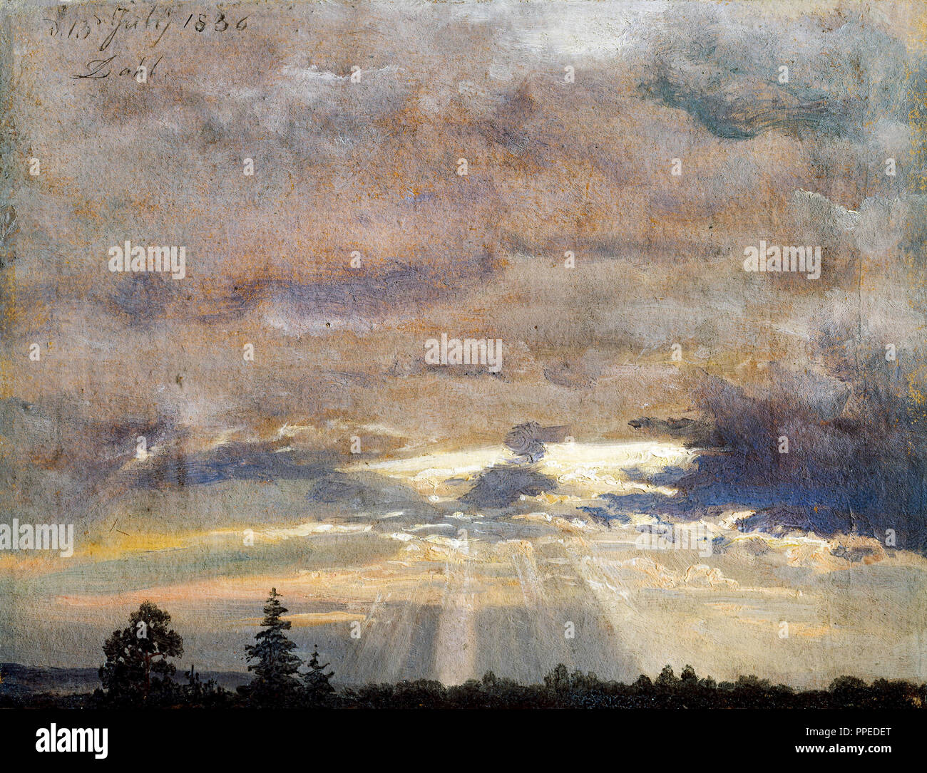 Johan Christian Dahl - Cloud Study with Sunbeams 1836 Oil on paper. National Gallery of Norway ...