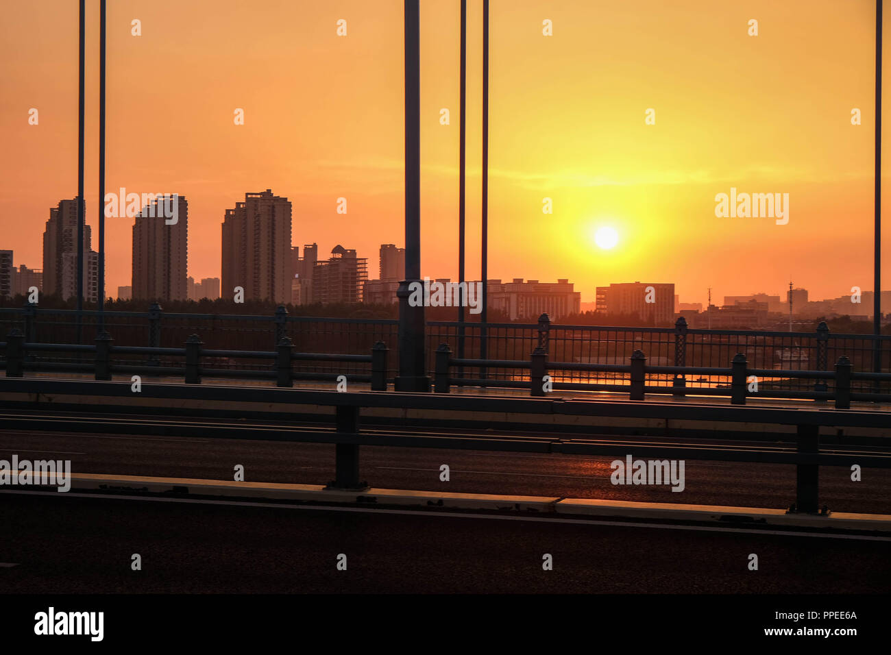 Wuhan, China, JUN 6, 2018 Wuhan riverside shoal yangtze river bridge ...